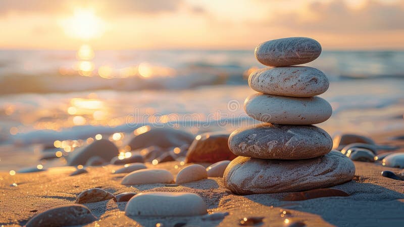 Stacked Stones on a Beach at Sunset, Symbolizing Balance and ...