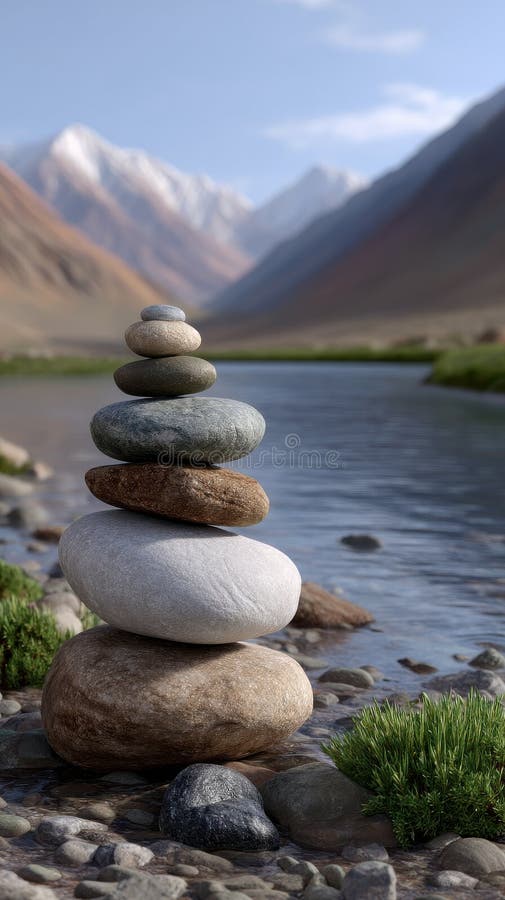 Stacked Stones in Mountainous River Landscape, Balance and Harmony ...