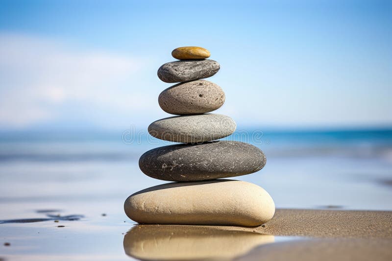 Stacked Stones in Perfect Balance on Pebble Beach Stock Photo - Image ...