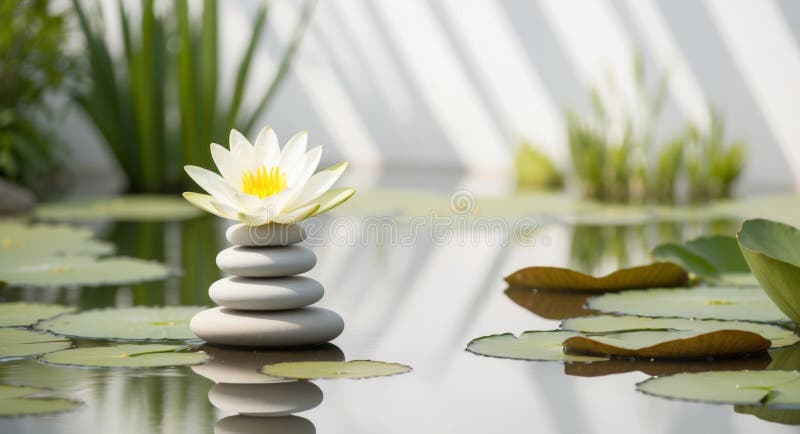Stacked Stones in a Pond with a Water Lily. Stock Photo - Image of ...