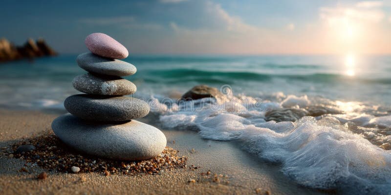 Stacked Stones on Tranquil Ocean Shore at Sunset Stock Illustration ...