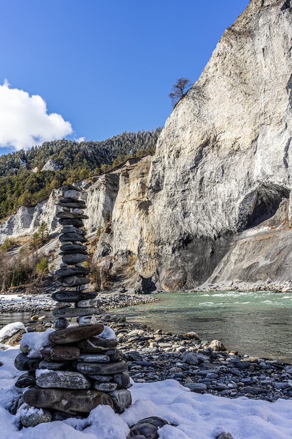 Stacked Stones during Winter in Front of a River Stock Image - Image of ...