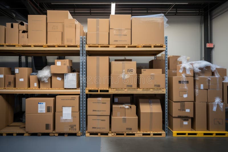 Stacked Storage Haven: Shelves Brimming with Parcels in Warehouse ... Stacked Storage Haven: Shelves Brimming with Parcels in Warehouse ...