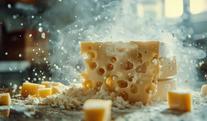 Stacked Swiss Cheese Explodes with Steam and Shards Stock Photo - Image ...