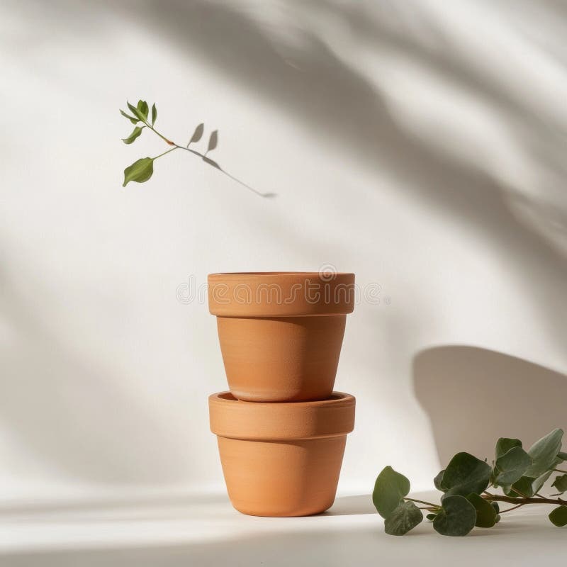 Stacked Terracotta Pots with Greenery and Soft Shadows Stock Image ...