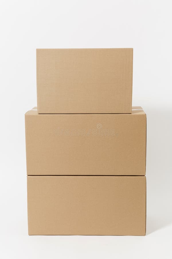 Stacked of Three Brown Clear Empty Blank Cardboard Boxes Isolated on ...