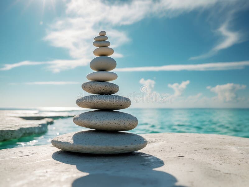A Stacked Tower of Balanced Stones Near a Calm Ocean Stock Photo ...