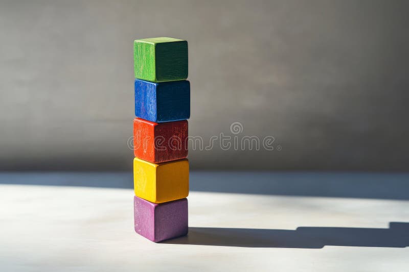 A Stacked Tower of Multi-colored Cubes on a Light Gray Surface, with ...