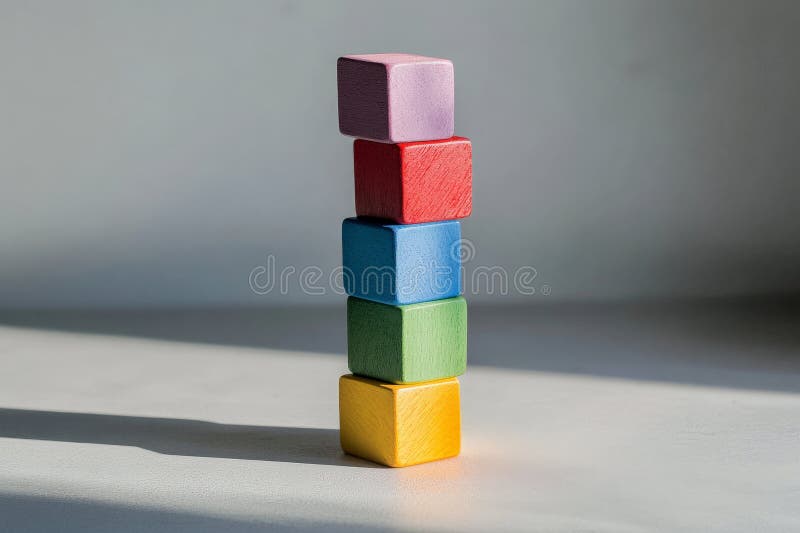 A Stacked Tower of Multi-colored Cubes on a Light Gray Surface, with ...