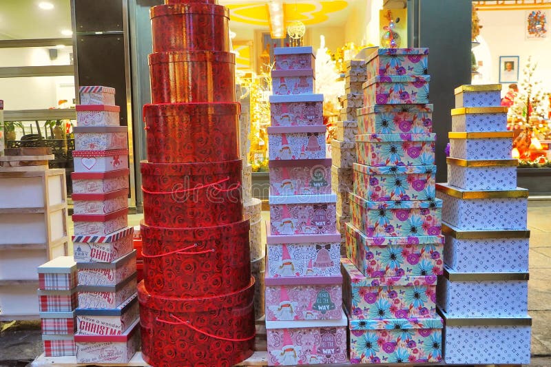 Stacked Towers of Boxes in Different Shape and Size for Presents Stock ...