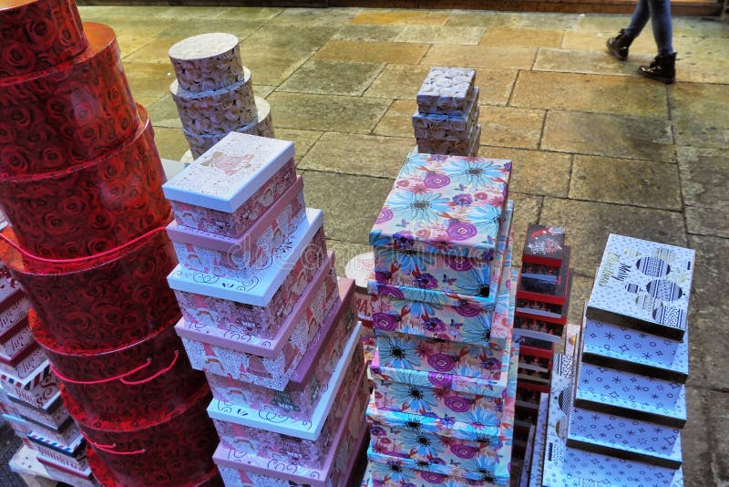 Stacked Towers of Boxes in Different Shape and Size for Presents Stock ...