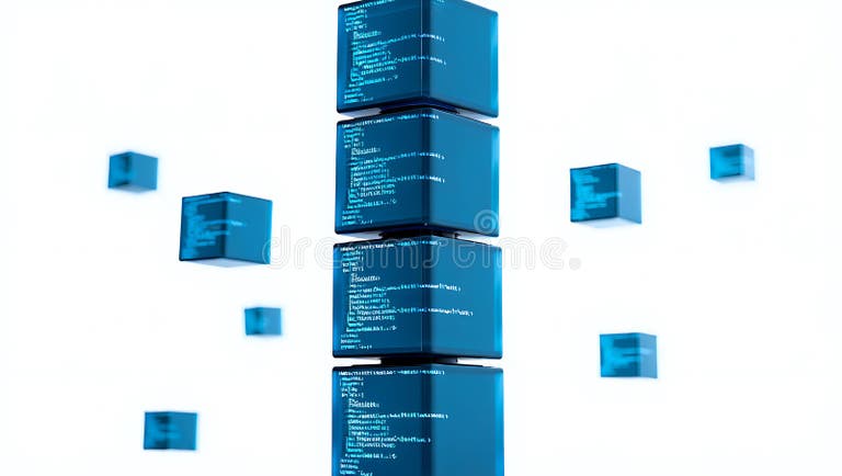Stacked Transparent Blue Cubes Displaying Code Against White Background Surrounded by Smaller ...
