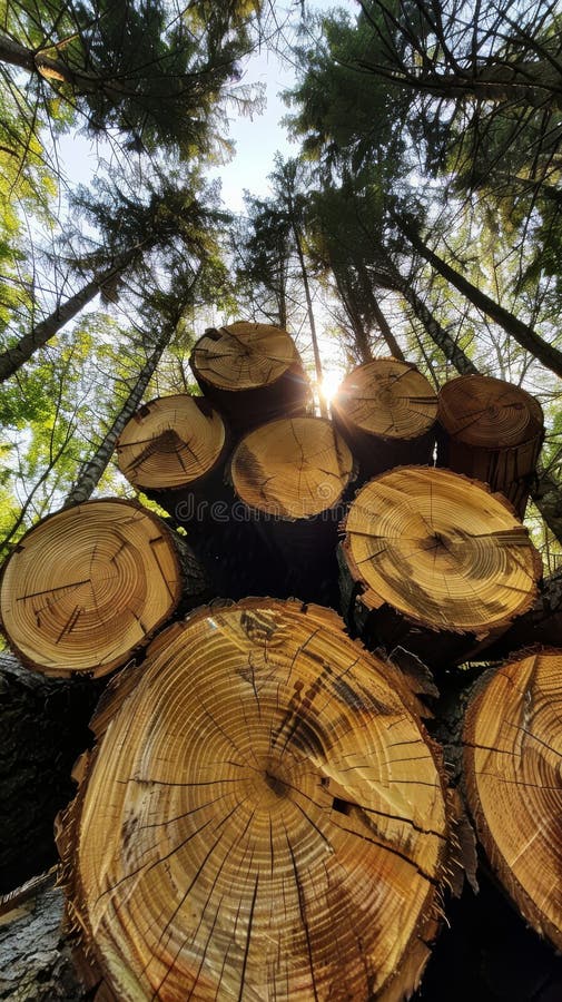 Stacked Tree Logs in Forest with Sun Rays through the Trees Stock Image ...