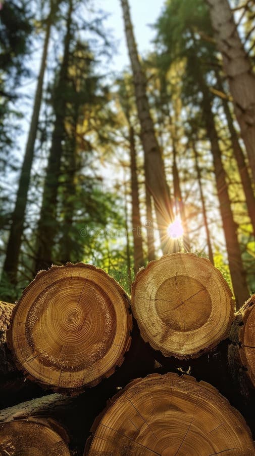 Stacked Tree Logs in a Sunlit Forest Stock Photo - Image of greenery ...