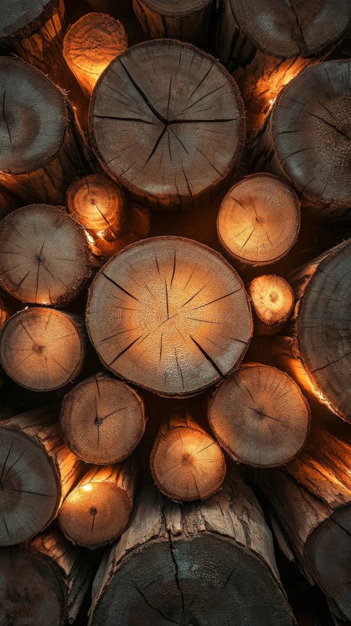 Stacked Tree Logs with Warm Lighting, Rustic Texture. Natural Materials ...