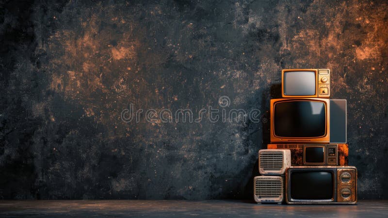 Stacked Vintage Televisions on Dark Grunge Background Stock ...