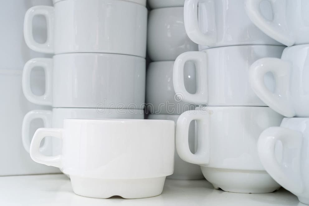 Stacked White Clean Cups in Restaurant Stock Image - Image of empty ...