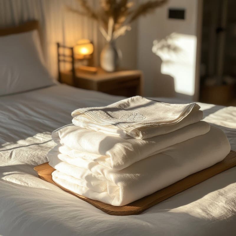 Stacked White Linen Sheets on a Wooden Tray on a Bed Stock Illustration ...