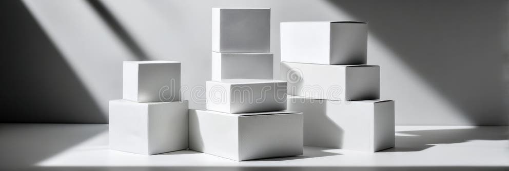 Stacked White Packaging Boxes in a Clean Studio Setting with Soft Shadows Cast by Natural Light ...