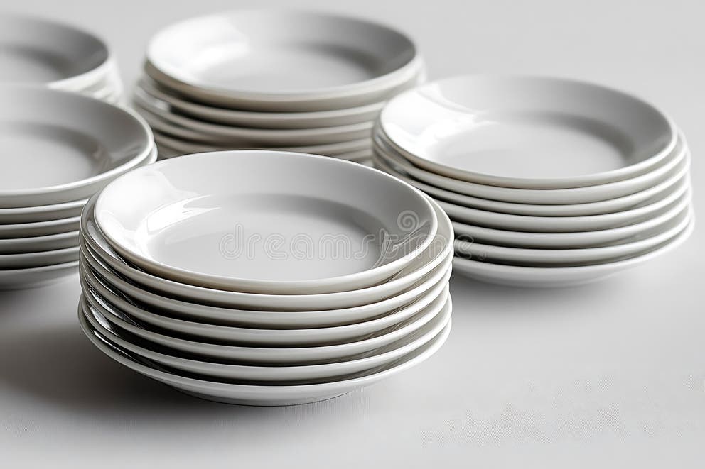 Stacked White Plates on White Background, Clean Dinnerware, Kitchenware ...