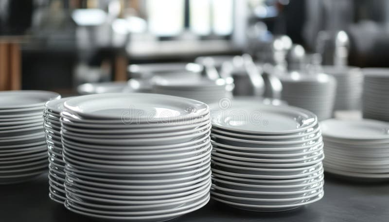 Stacked White Plates in a Busy Restaurant Kitchen Ready for Service ...