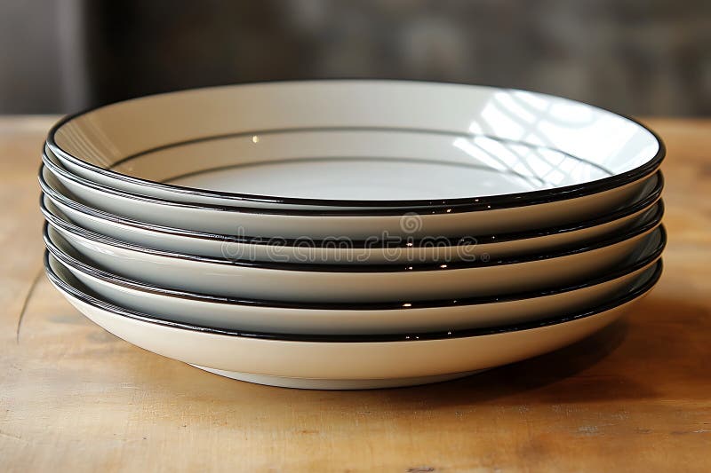 Stacked White Plates with Dark Rim, CloseUp on Wooden Surface ...