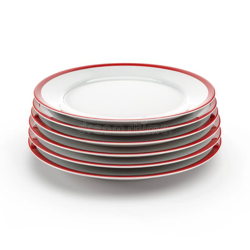 Stack of Red Rimmed White Dinner Plates Clean and Modern Kitchenware ...