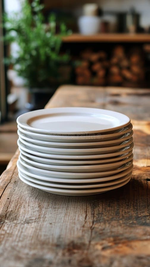 Stacked White Plates on Wooden Table in a Rustic Environment Stock ...