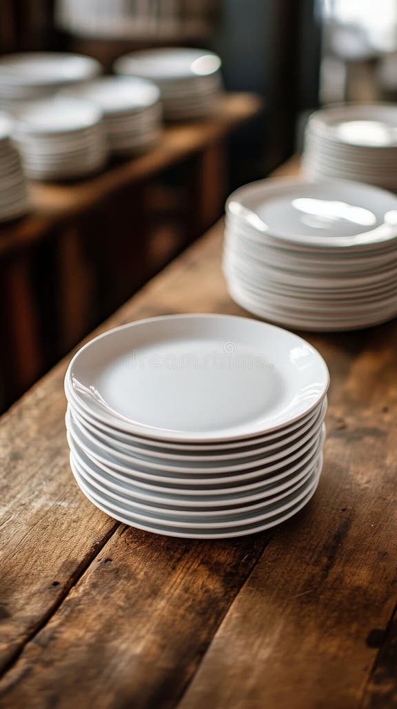 Stacked White Plates on Wooden Table in a Rustic Environment Stock ...