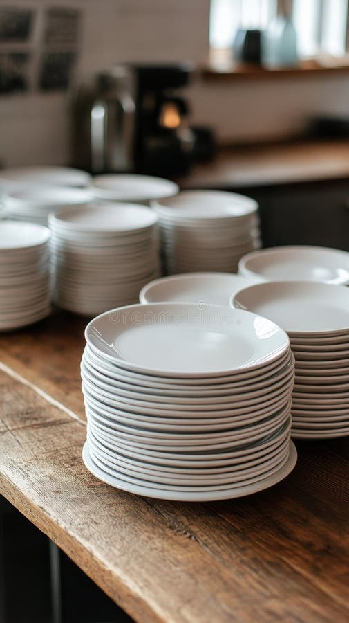 Stacked White Plates on Wooden Table in a Rustic Environment Stock ...