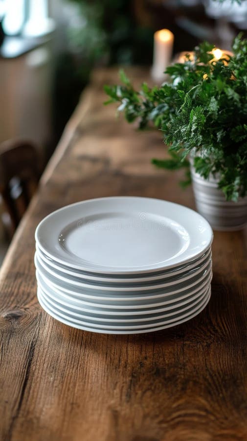 Stacked White Plates on Wooden Table in a Rustic Environment Stock ...