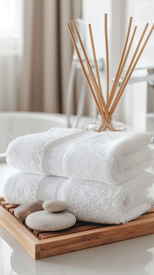 Stacked White Towels with a Brown Towel Underneath, a Diffuser with ...