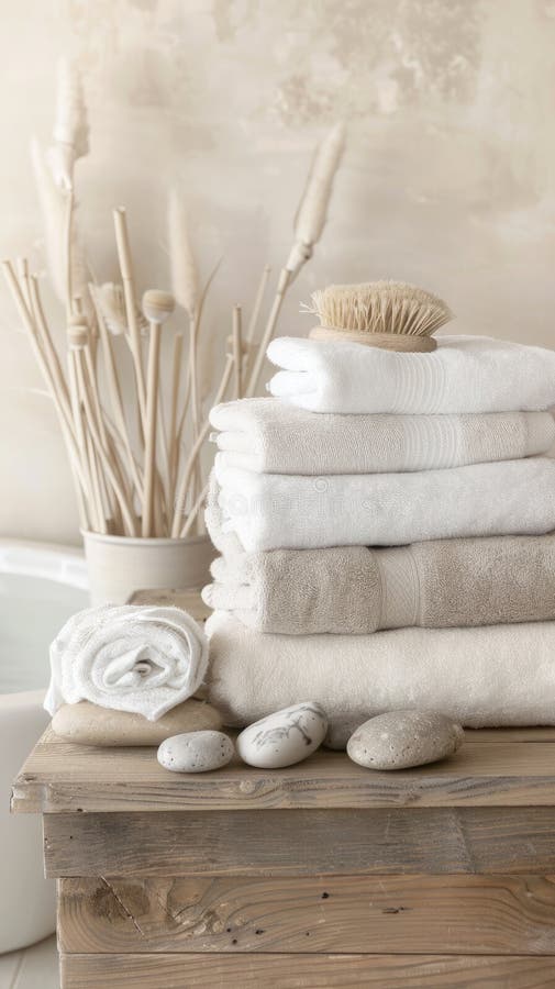 Stacked White Towels with a Brown Towel Underneath, a Diffuser with ...