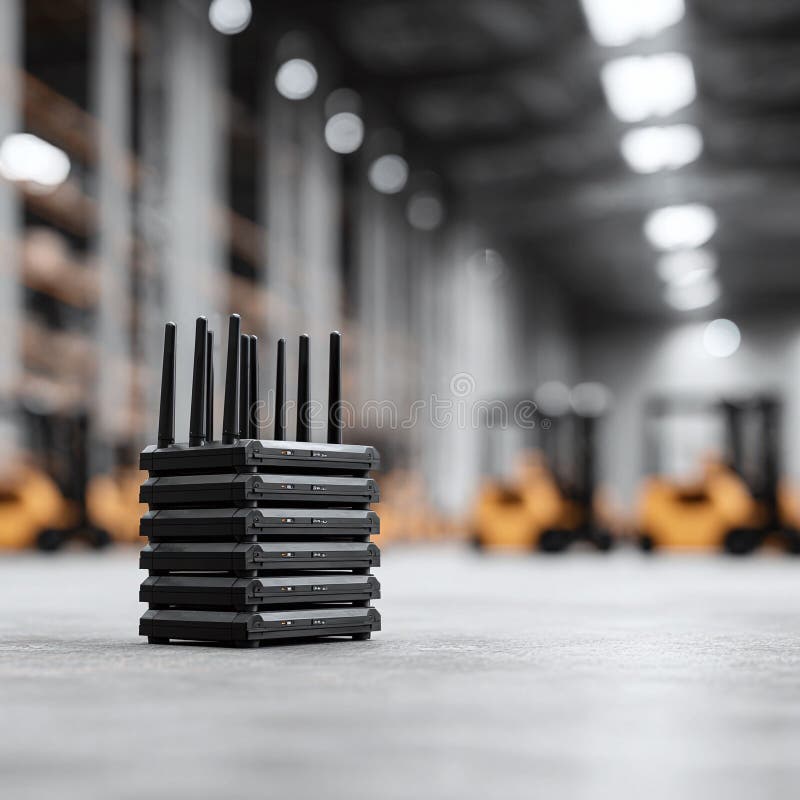 Stacked Wireless Routers in Warehouse Setting. Represents Connectivity ...