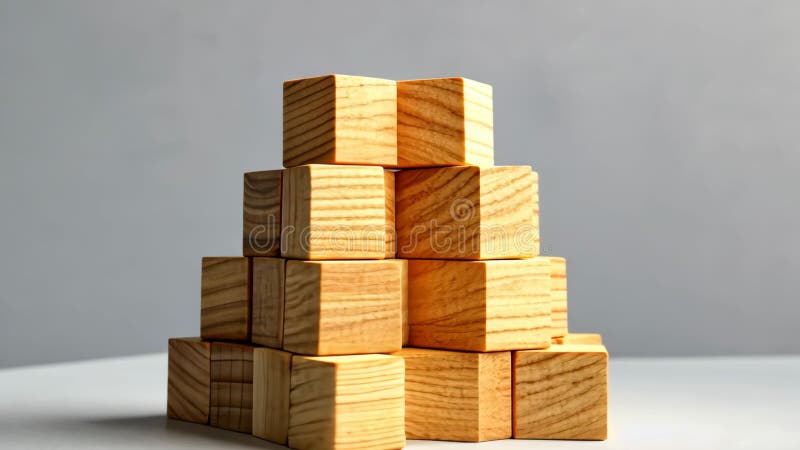 Stacked Wooden Blocks Arranged in a Triangular Shape on a Light Gray ...