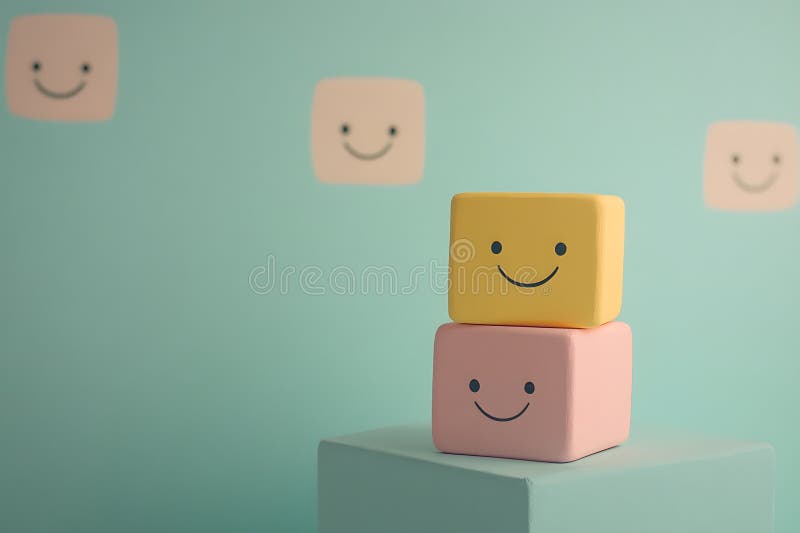 Stacked Wooden Blocks with Smiling Faces Against a Soft Blue Background ...