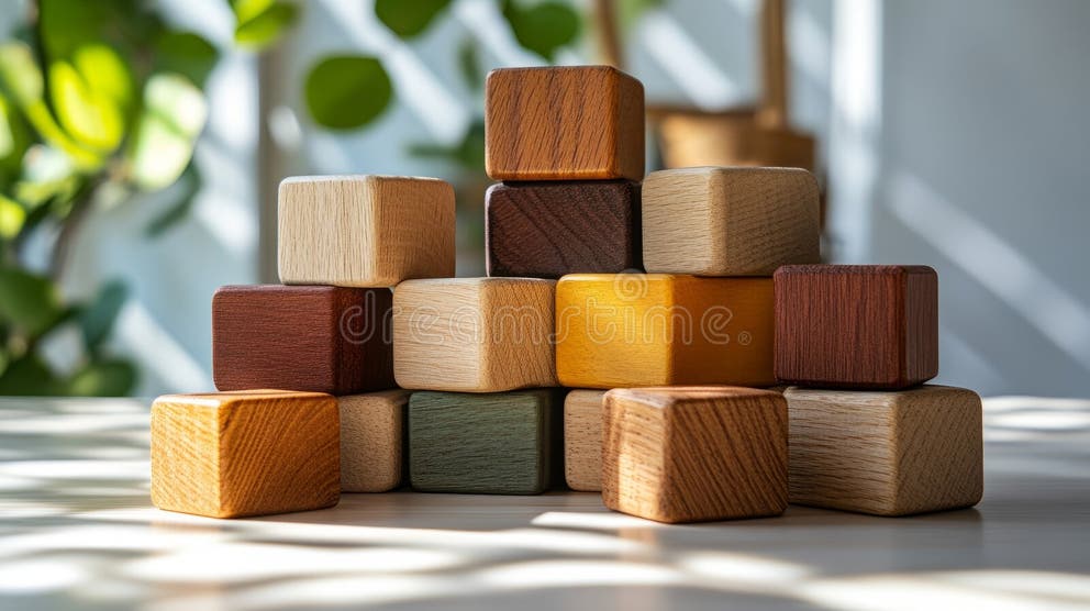 Stacked Wooden Blocks with Sunlight and Shadows on a Table. Stock Image ...