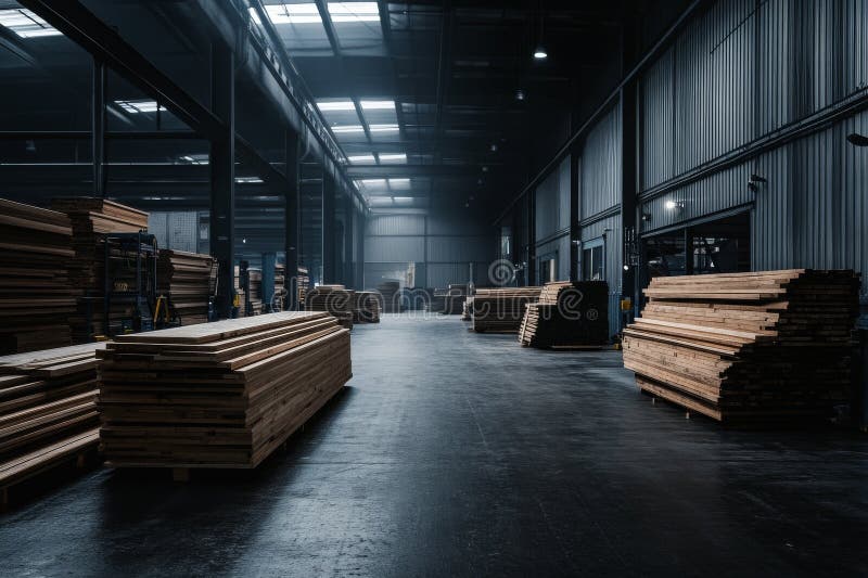 Stacked Wooden Boards in Big Modern Warehouse Stock Illustration ...