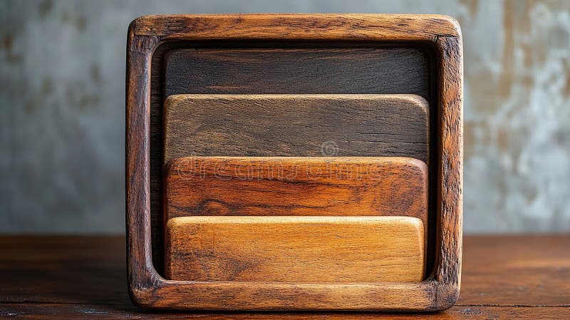 Stacked Wooden Coasters in a Square Frame on a Wooden Table Stock ...