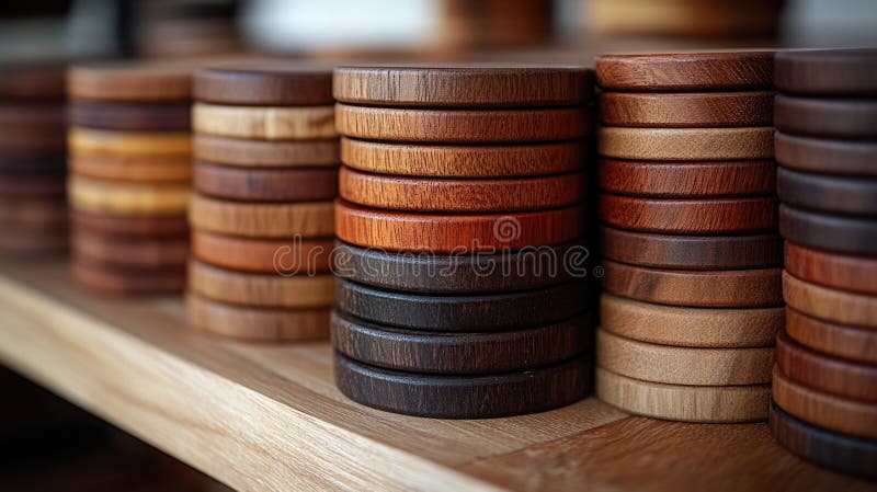 Stacked Wooden Coasters with Varied Grain Patterns and Rich Tones on ...