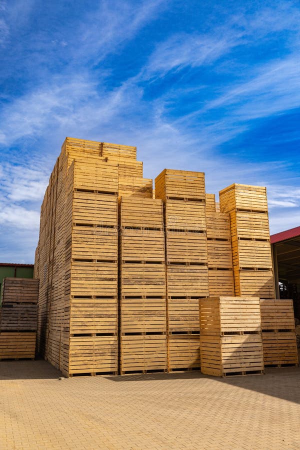 Stacked Wooden Crates with Potatoes Stock Photo - Image of slats ...
