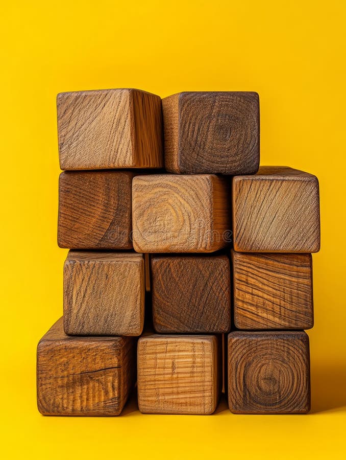Stacked Wooden Cubes on a Bright Yellow Background. Stock Photo - Image ...