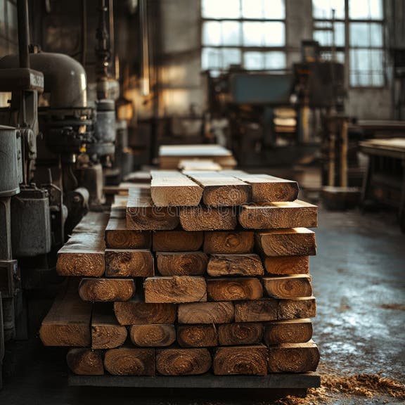 Stacked Wooden Planks in a Rustic Sawmill Workshop Setting. Stock Image ...