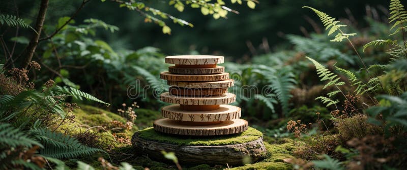 Stacked Wooden Slices Create an Appealing Display Stand among Lush ...