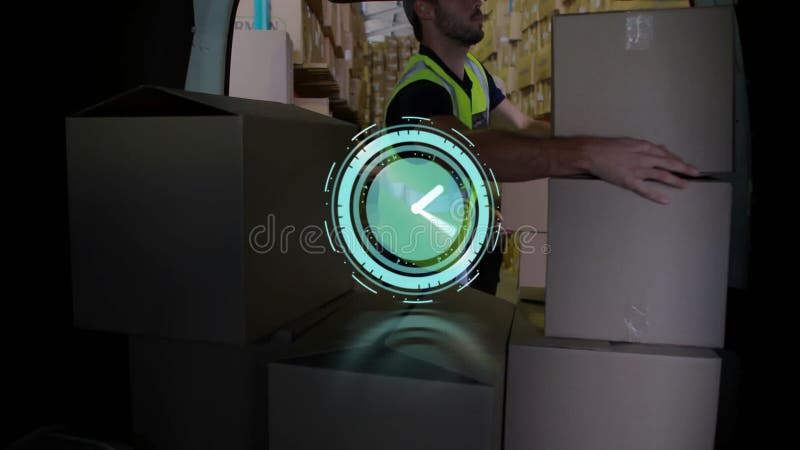 Stacking Boxes in Warehouse, Worker with Digital Clock Animation ...