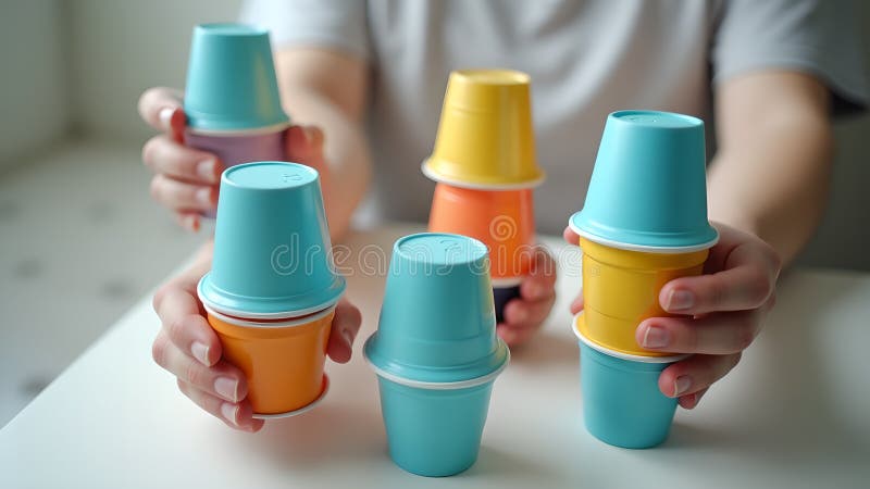 Stacking Colorful Cups, a Playful Activity Showcasing Dexterity and ...