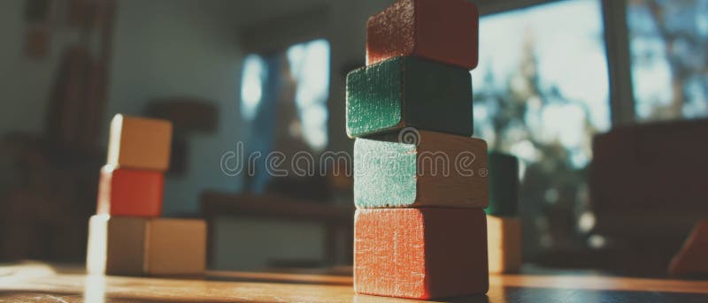 Stacking Colorful Toy Blocks in a Sunlit Playroom for Creative Learning ...
