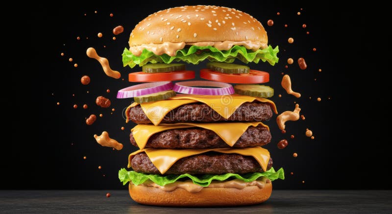 Stacking a Double Cheeseburger with Lettuce and Toppings Suspended in ...
