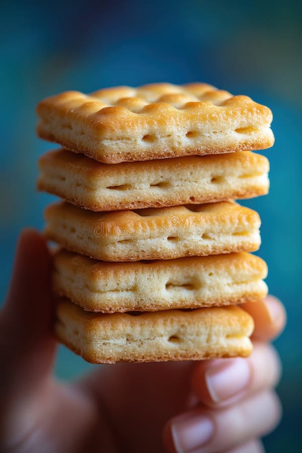 Stacking Golden Crackers in Hand Against a Colorful Background ...