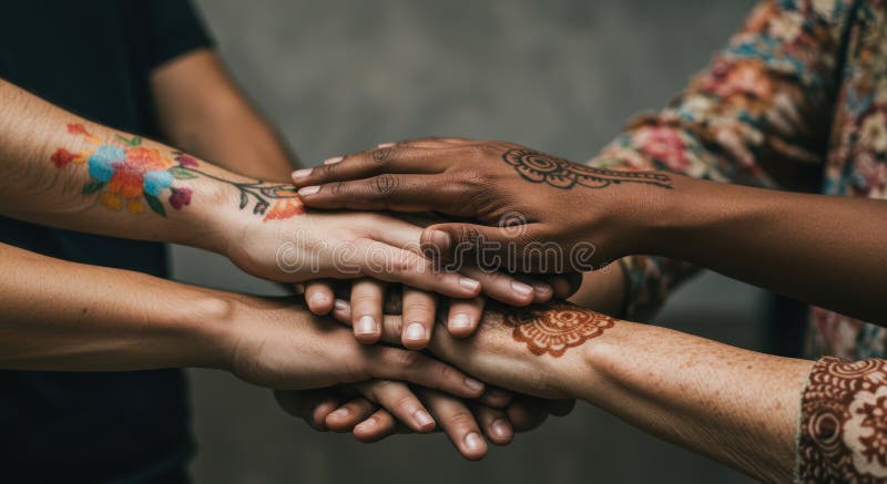 Stacking Hands Diverse Group Showing Unity and Cooperation with Tattoos ...